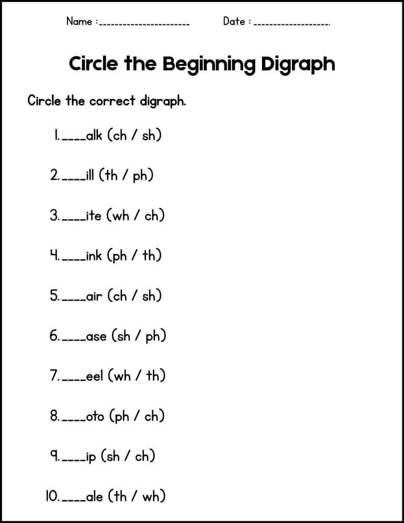 Digraphs Worksheets - Beginning and Ending Digraphs Ck, Ch, Sh, Th, Wh ...