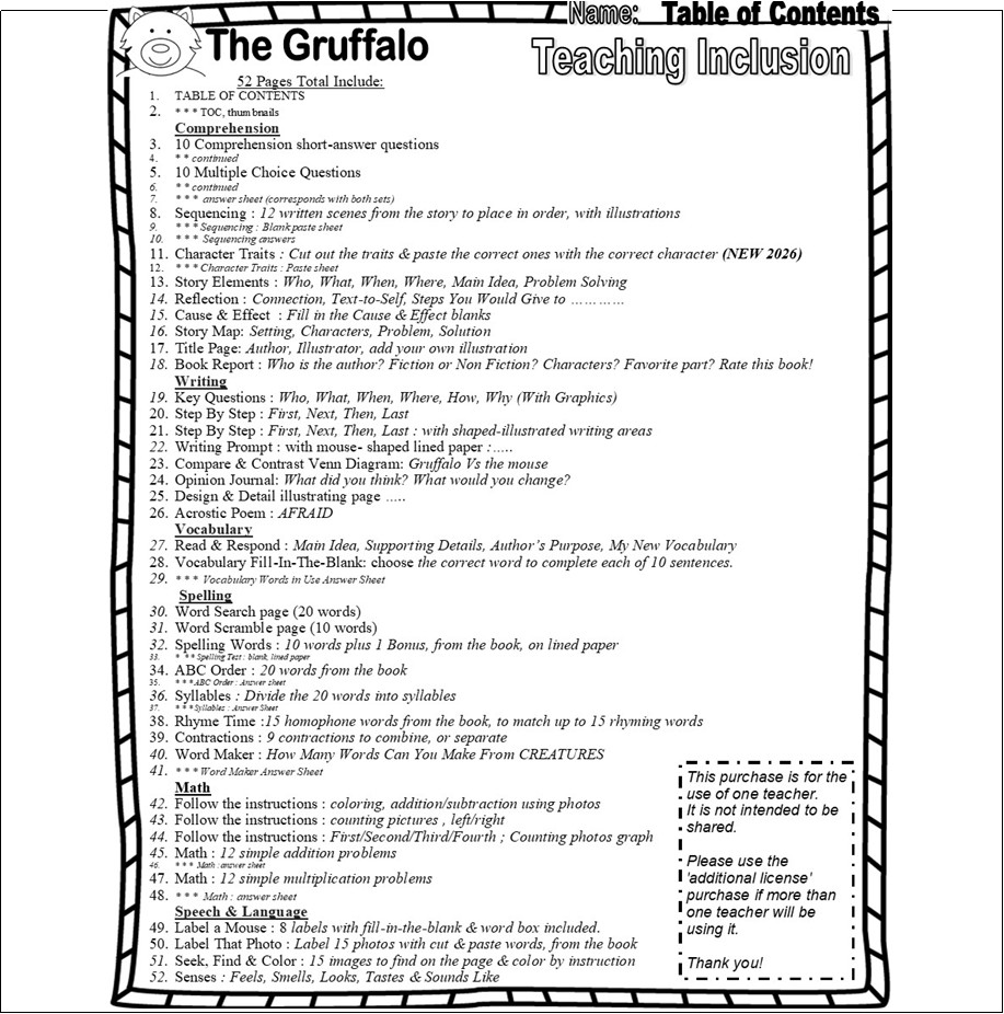 The Gruffalo Read Aloud Book Companion Reading Comprehension ELA Math ...