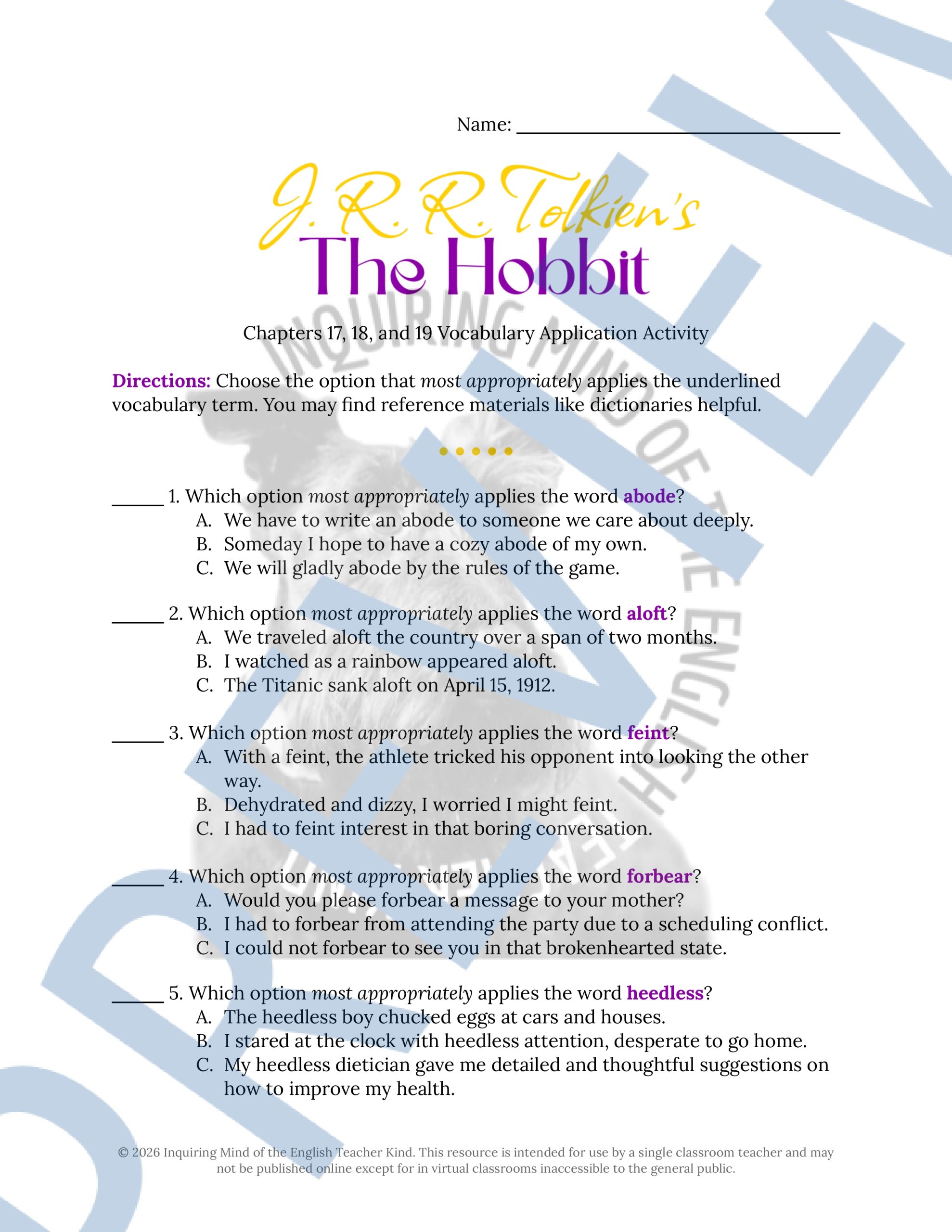 The Hobbit Chapters 17, 18, and 19 Vocabulary Games | Crossword Puzzle ...
