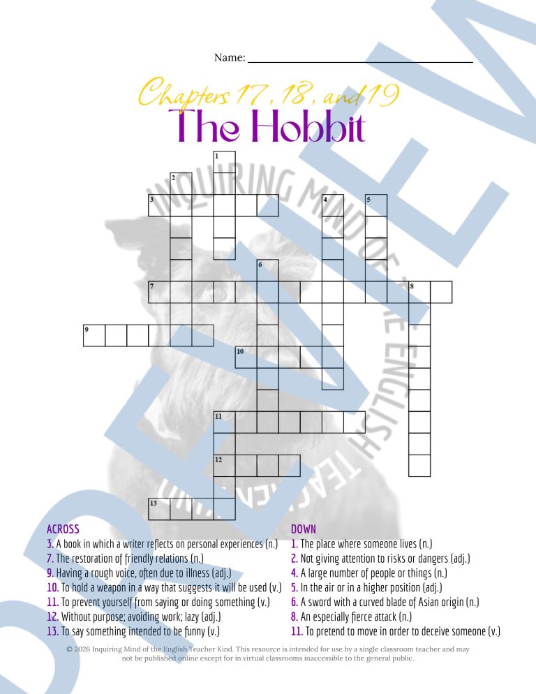 The Hobbit Chapters 17, 18, and 19 Vocabulary Games | Crossword Puzzle ...
