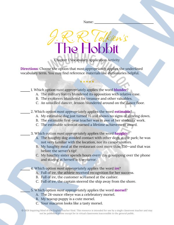 The Hobbit Chapter 1 Vocabulary Games | Crossword Puzzle | Word Search ...