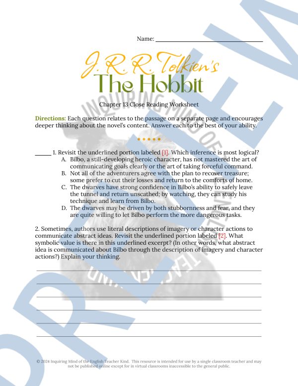 The Hobbit Chapter 13 Close Reading Analysis Worksheet for High School ...