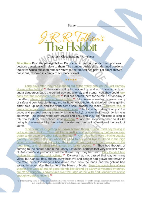 The Hobbit Chapter 4 Close Reading Analysis Worksheet - Made By Teachers