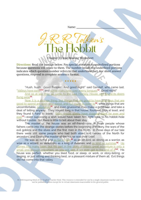 The Hobbit Chapter 3 Close Reading Analysis Worksheet | Made By Teachers