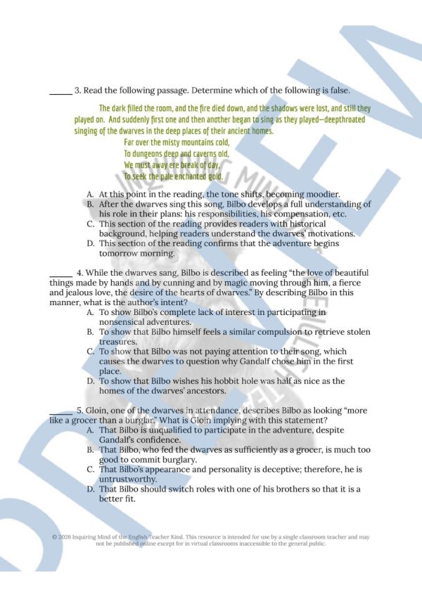 The Hobbit Chapter 1 Close Reading Analysis Worksheet | Made By Teachers