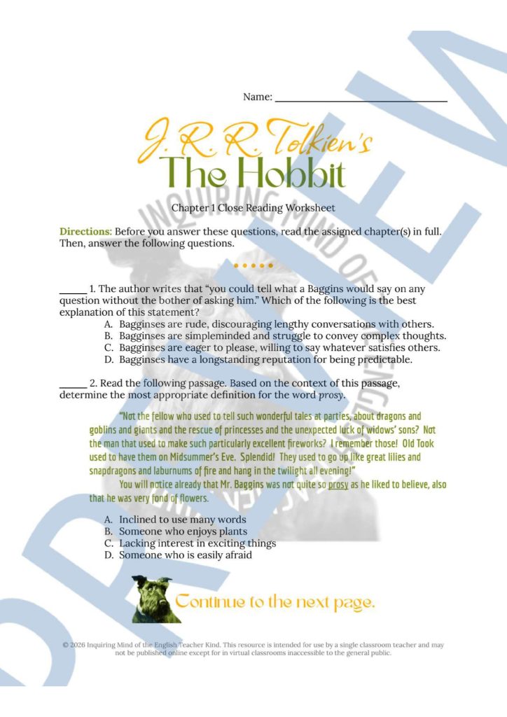 The Hobbit Close Reading Worksheets Bundle with Answer Keys - Made By ...