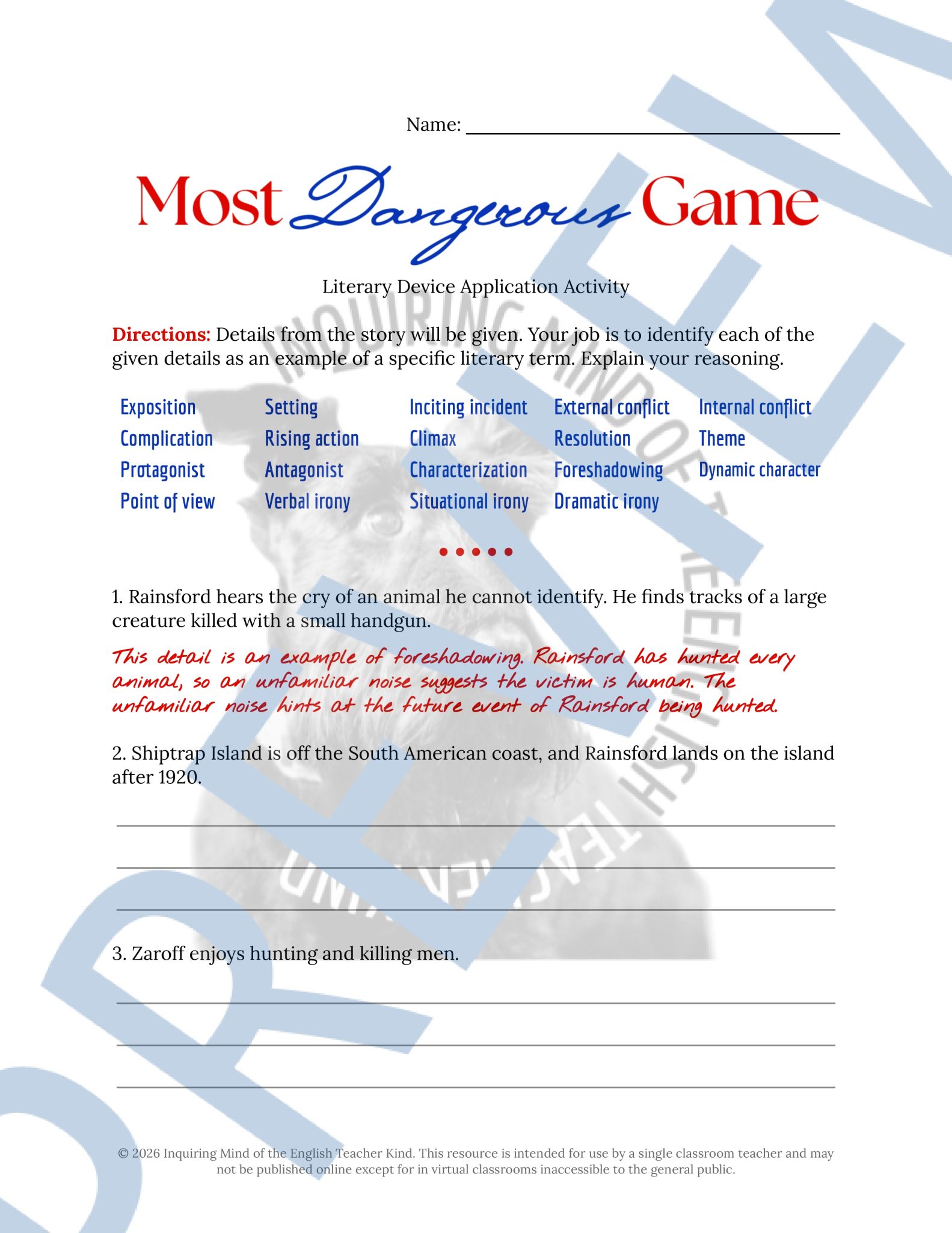 "The Most Dangerous Game" Literary Elements Worksheets | High School ...