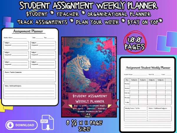 Student Assignment Weekly Planner – Daily, Weekly, and Notes Pages for ...