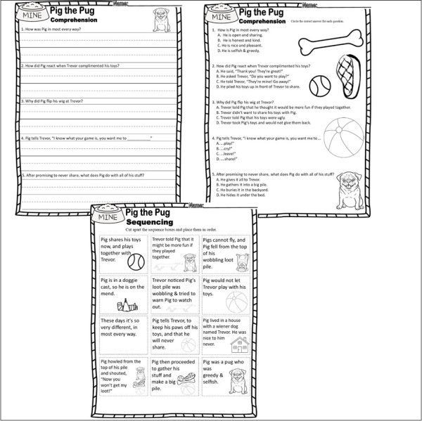 Pig the Pug Reading Quiz Test & Story Scene Sequencing Worksheets ...