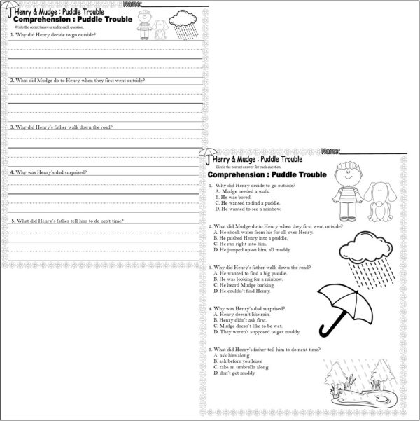 Henry & Mudge in Puddle Trouble SPRING Reading Comprehension Quiz Test ...