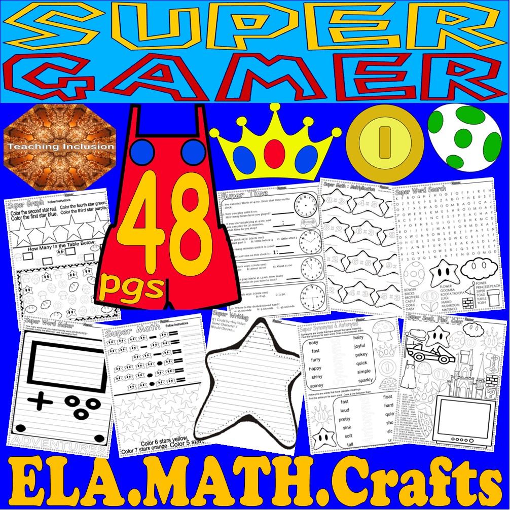 Mario Super Gamer Gaming Activities Math ELA Grammar Spelling Time ...