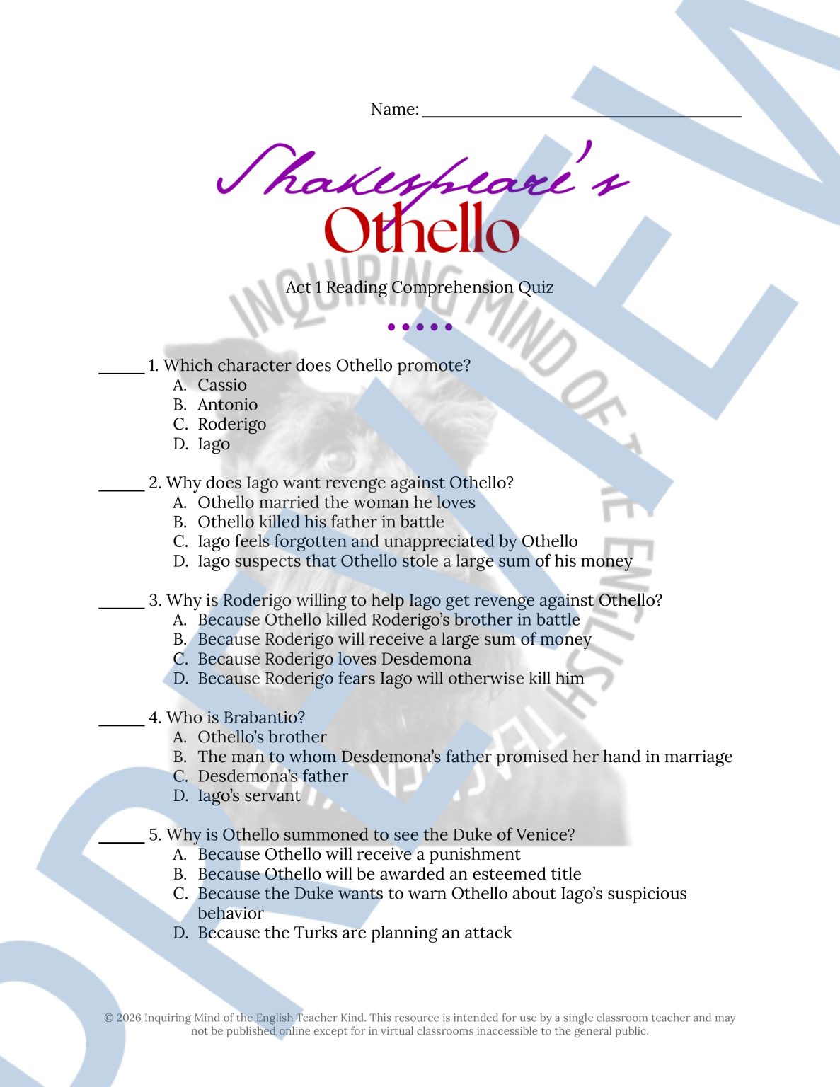 Othello Act 1 Quiz and Answer Key for High School - Made By Teachers