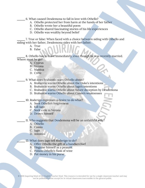 Othello Act 1 Quiz and Answer Key for High School | Made By Teachers