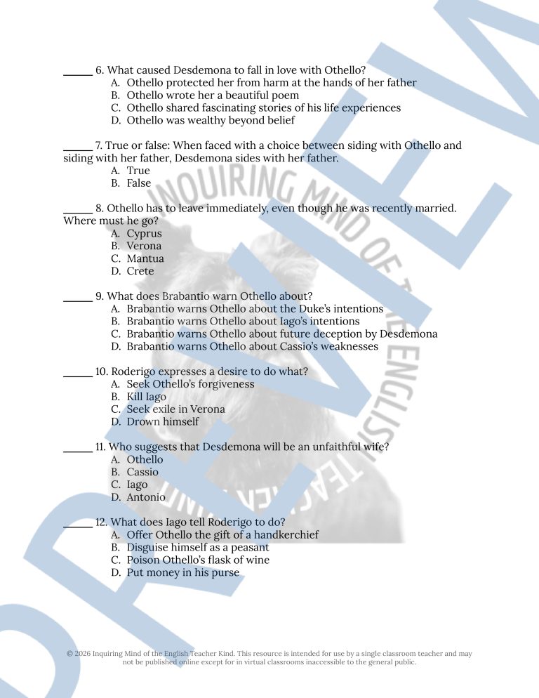 Othello Act 1 Quiz and Answer Key for High School - Made By Teachers