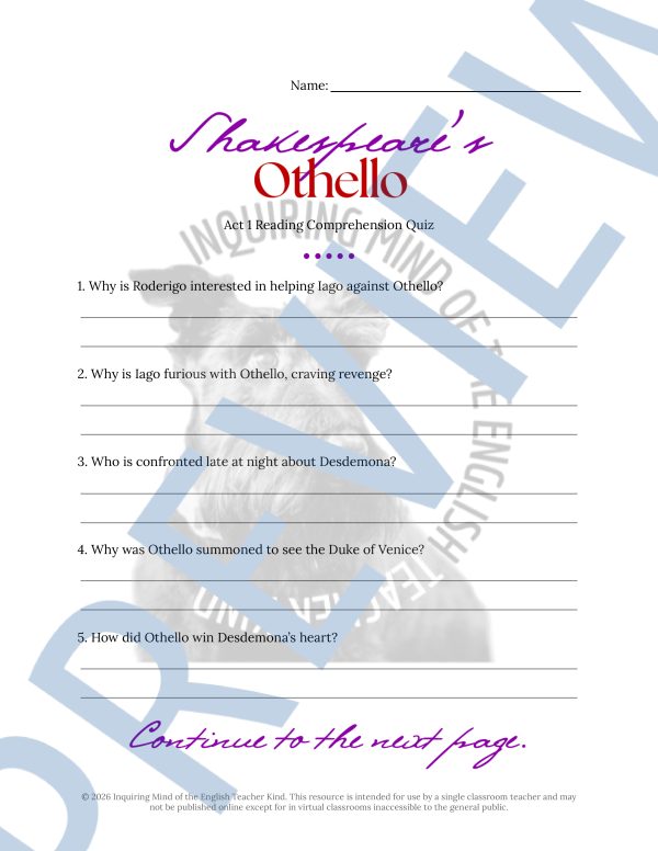 Othello Act 1 Quiz and Answer Key for High School | Made By Teachers