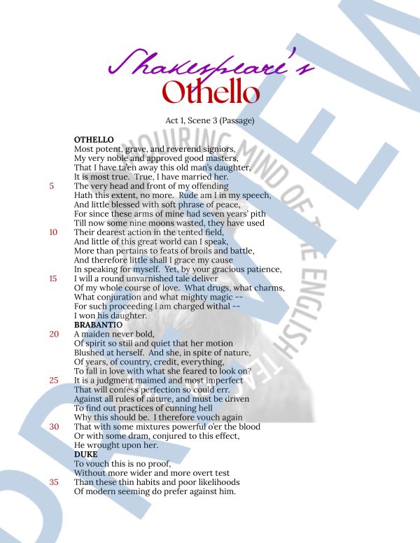 Othello Act 1 Scene 3 Close Reading Analysis Worksheet and Answer Key ...