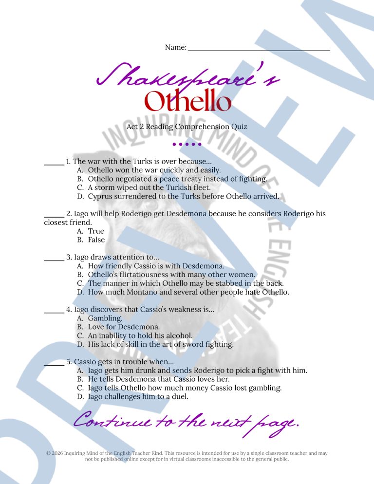 Othello Act 2 Quiz and Answer Key for High School - Made By Teachers