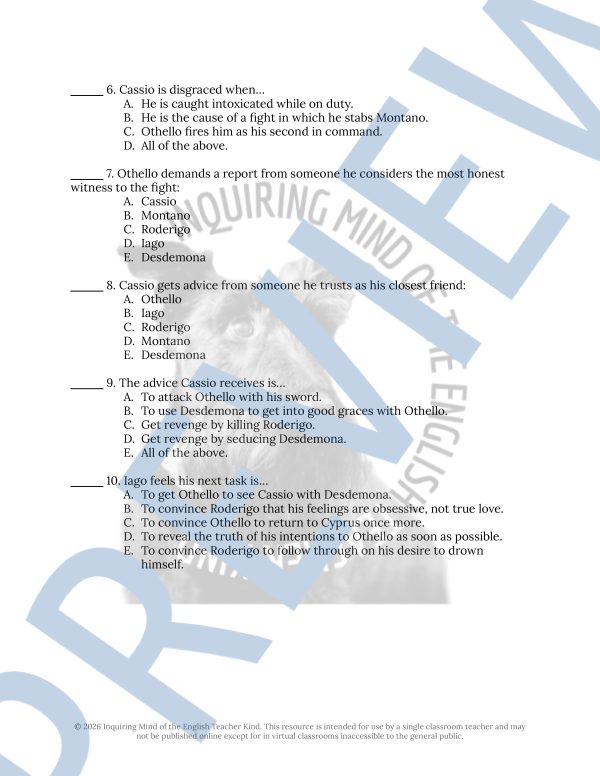 Othello Act 2 Quiz and Answer Key for High School - Made By Teachers