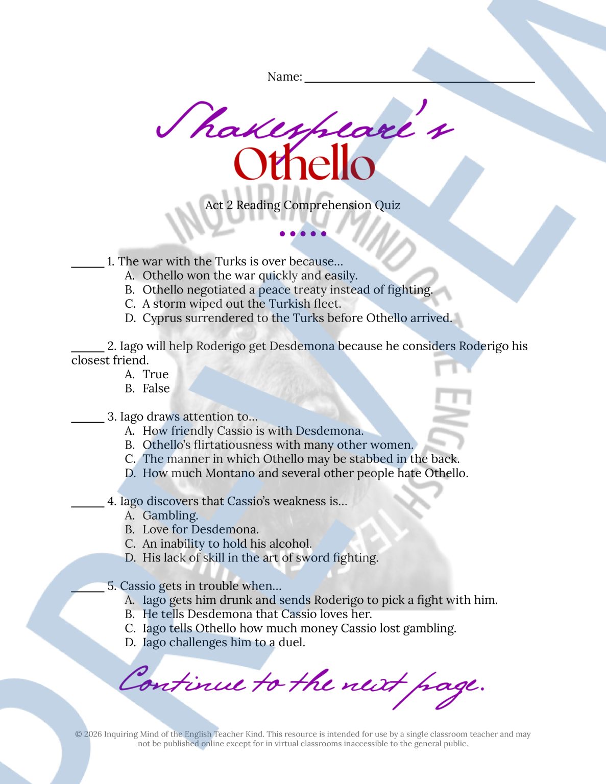 Othello Act 2 Quiz, Close Reading Analysis Worksheets, and Vocabulary ...