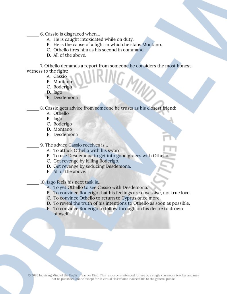 Othello Act 2 Quiz, Close Reading Analysis Worksheets, and Vocabulary ...