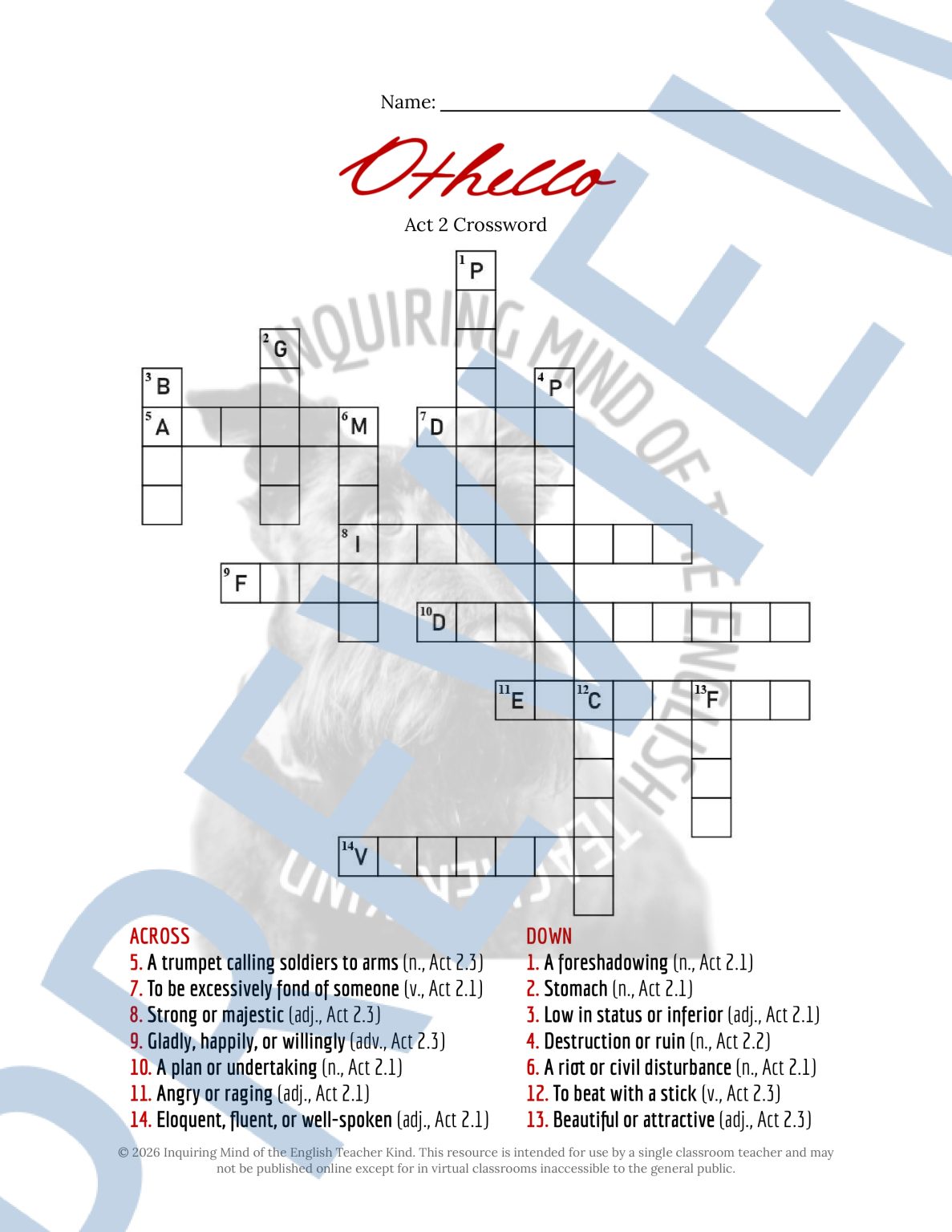 Othello Act 2 Quiz, Close Reading Analysis Worksheets, and Vocabulary ...