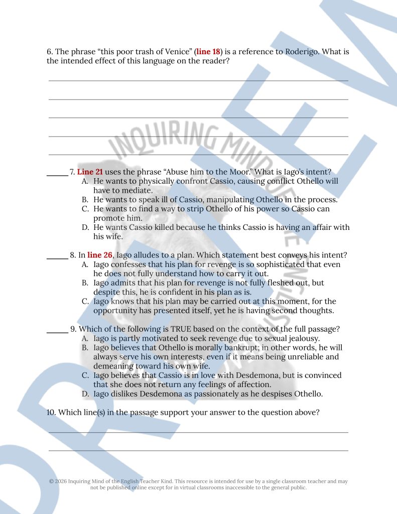 Othello Act 2 Quiz, Close Reading Analysis Worksheets, and Vocabulary ...