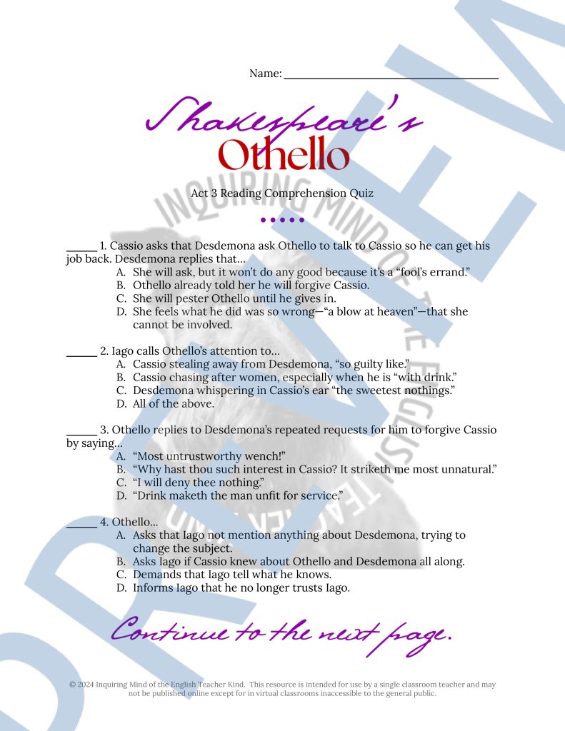 Othello Act 3 Quiz and Answer Key for High School - Made By Teachers