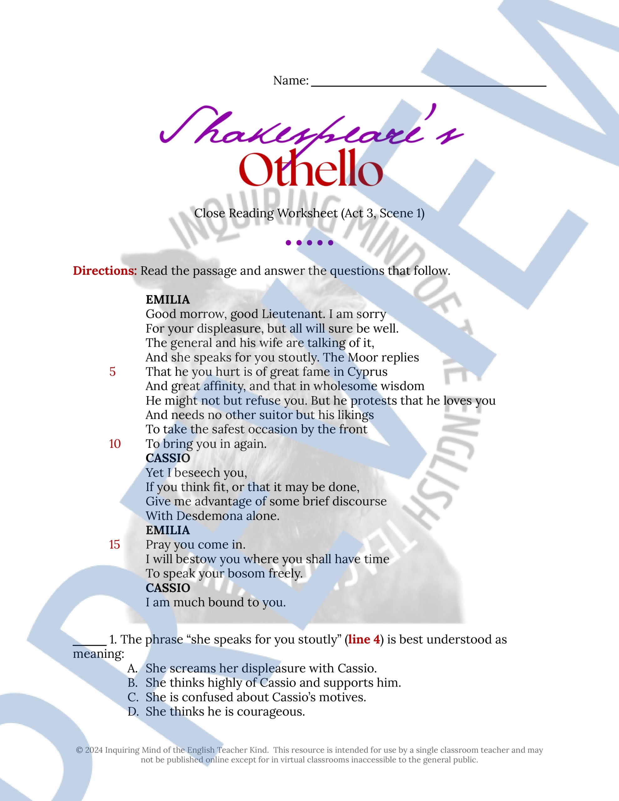 Othello Act 3 Scene 1 Close Reading Analysis Worksheet and Answer Key ...