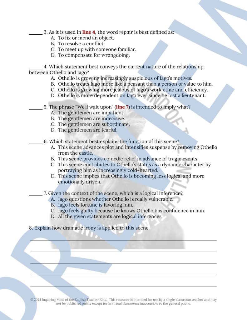 Othello Act 3 Scene 2 Close Reading Analysis Worksheet and Answer Key ...