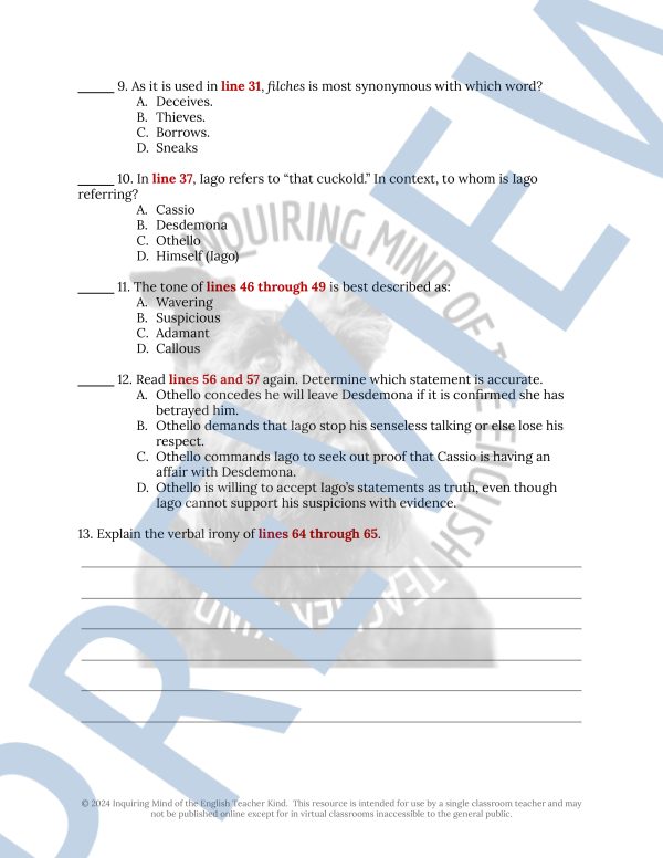 Othello Act 3 Scene 3 Close Reading Analysis Worksheet and Answer Key ...