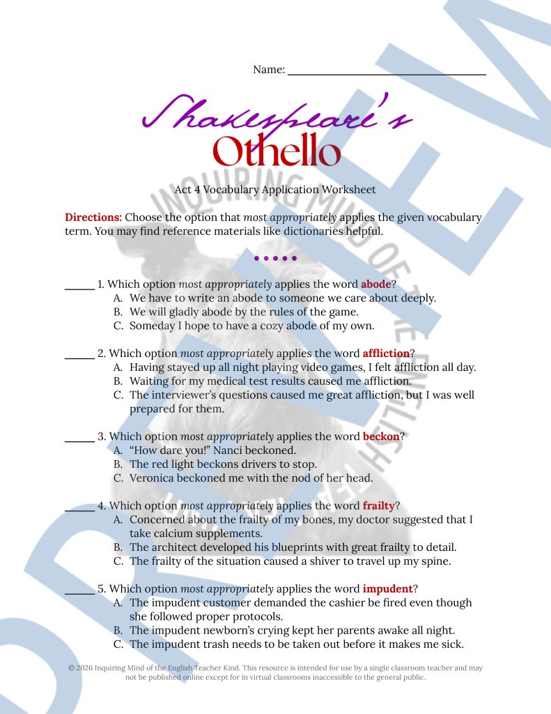 Shakespeare's Othello Act 4 Vocabulary Games | Crossword Puzzle | Word ...