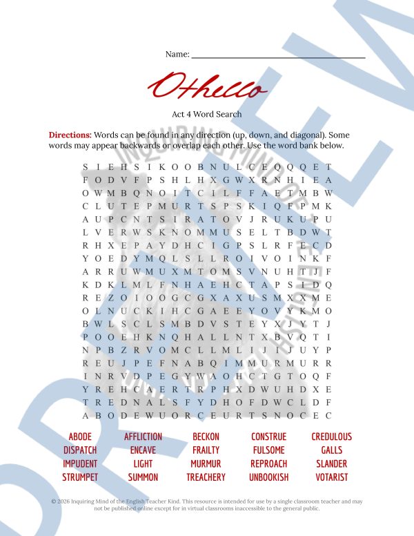 Shakespeare's Othello Act 4 Vocabulary Games | Crossword Puzzle | Word ...