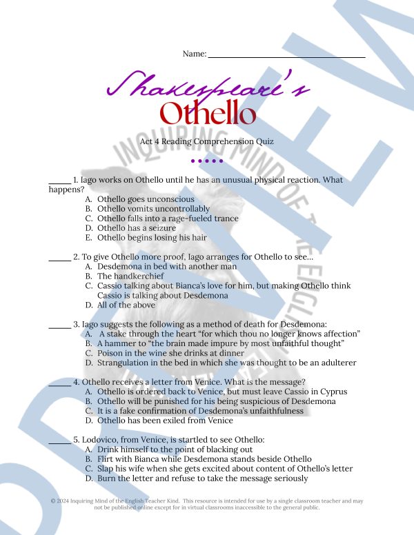 Othello Act 4 Quiz and Answer Key for High School - Made By Teachers