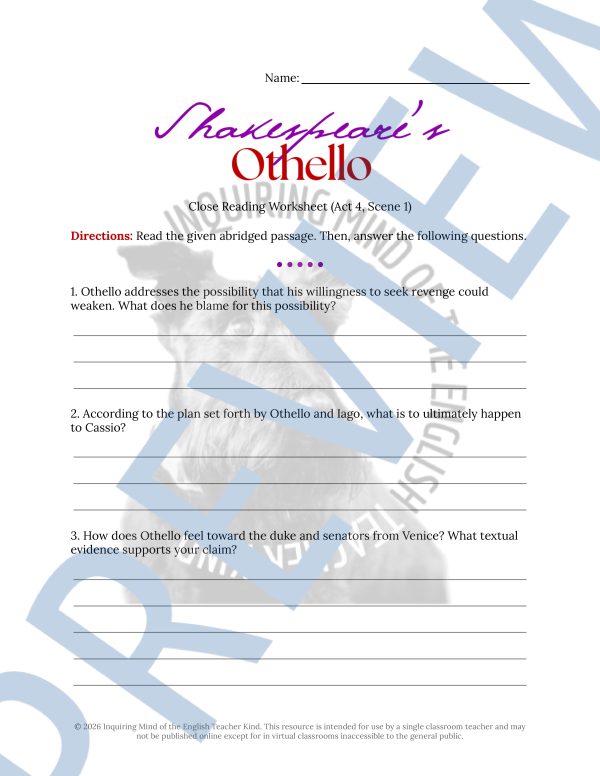 Othello Act 4 Scene 1 Close Reading Analysis Worksheet and Answer Key ...