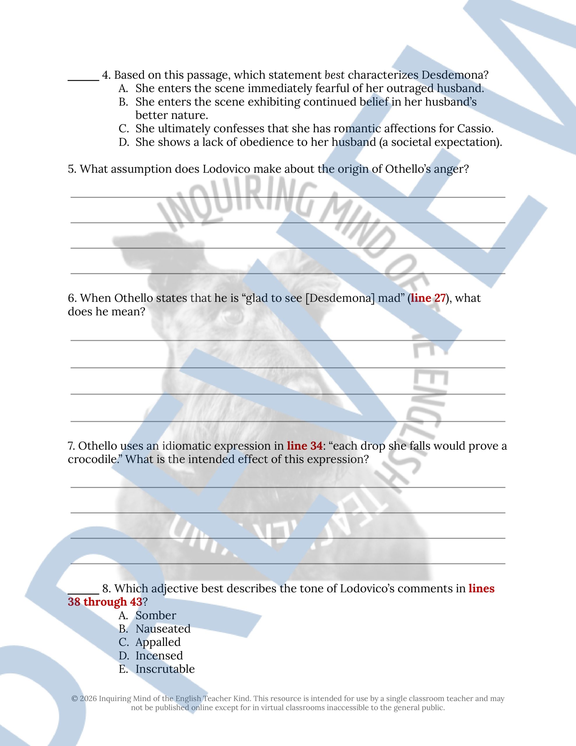 Othello Act 4 Scene 1 Close Reading Analysis Worksheet and Answer Key ...
