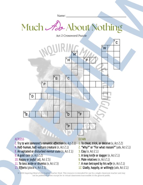 Much Ado About Nothing Act 2 Vocabulary Games | Crossword Puzzle | Word ...