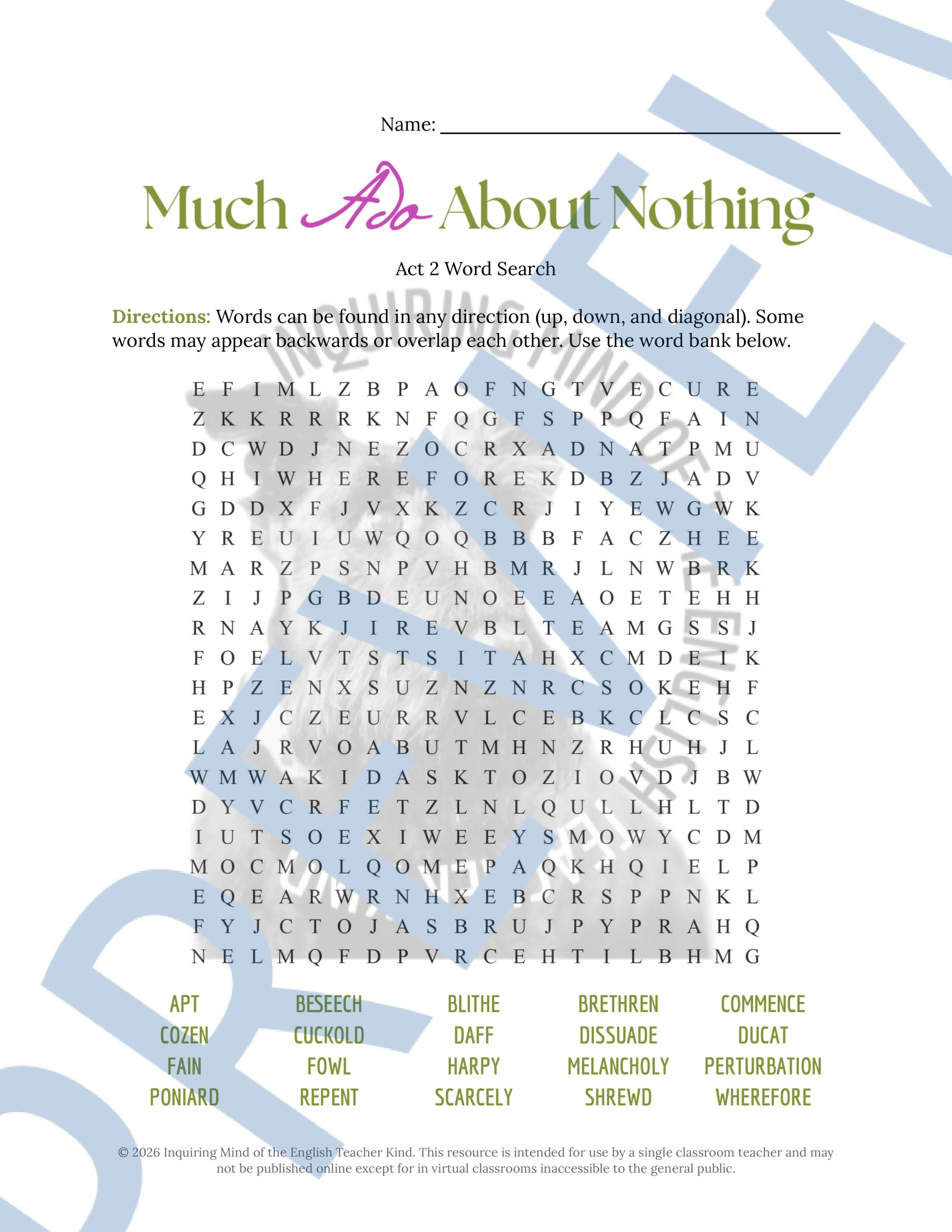 Much Ado About Nothing Act 2 Vocabulary Games | Crossword Puzzle | Word ...