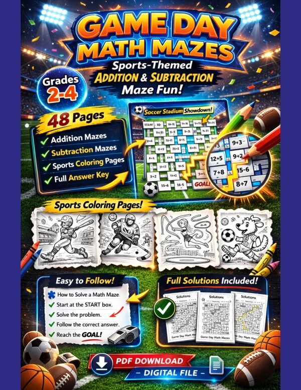 Game Day Math Mazes Grades 2–4 is a sports-themed addition and ...