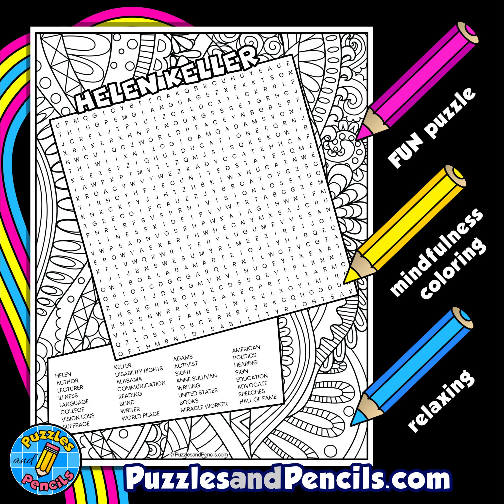 Helen Keller Word Search Puzzle Activity Page with Coloring | Women's ...