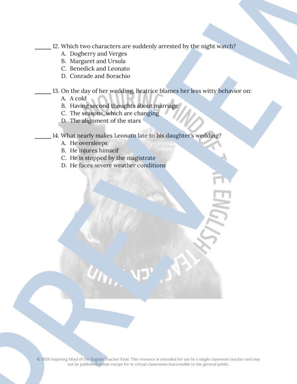 Much Ado About Nothing Act 3 Quiz and Answer Key | Made By Teachers