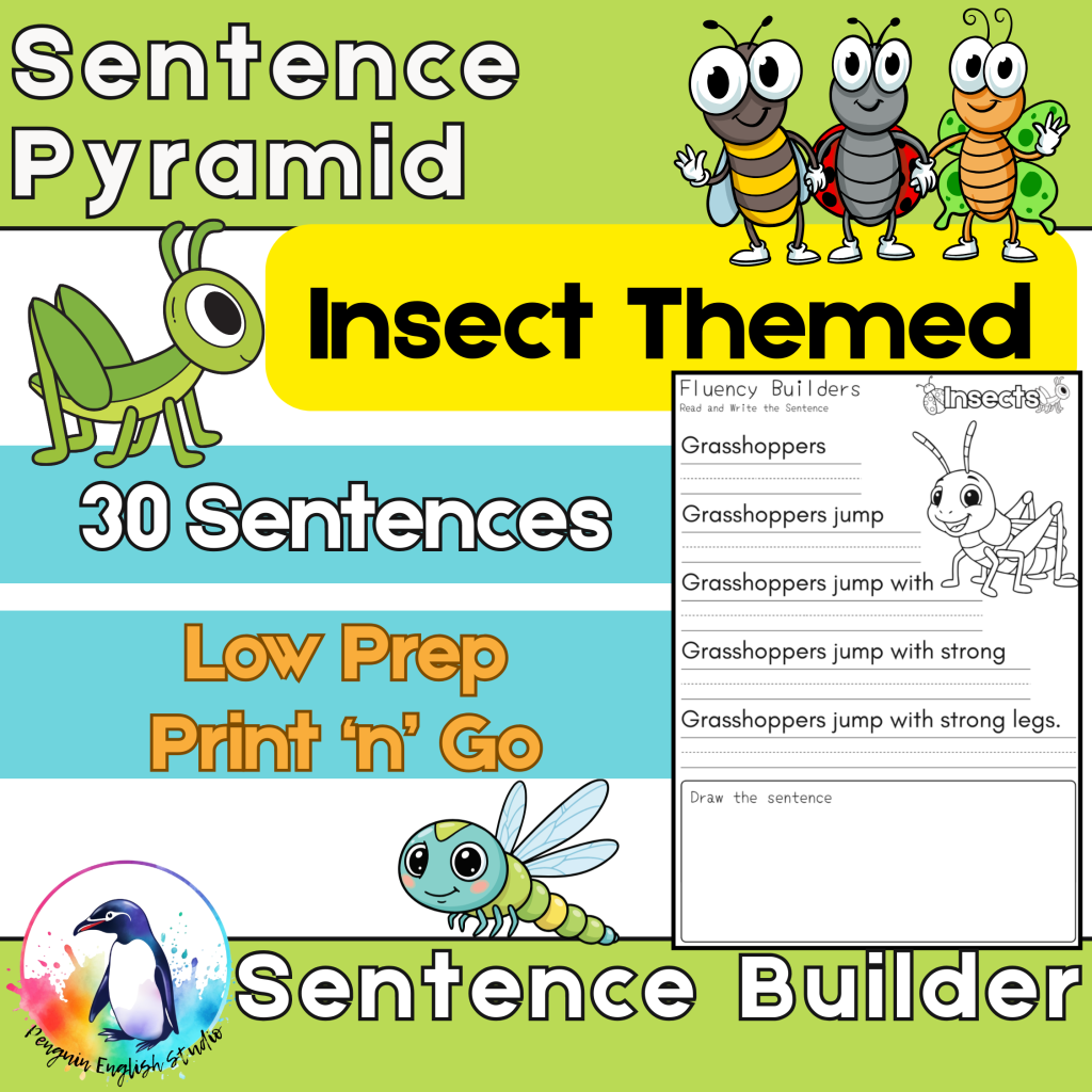 Insect Themed Sentence Pyramid Worksheets | Insect Fluency Builders ...