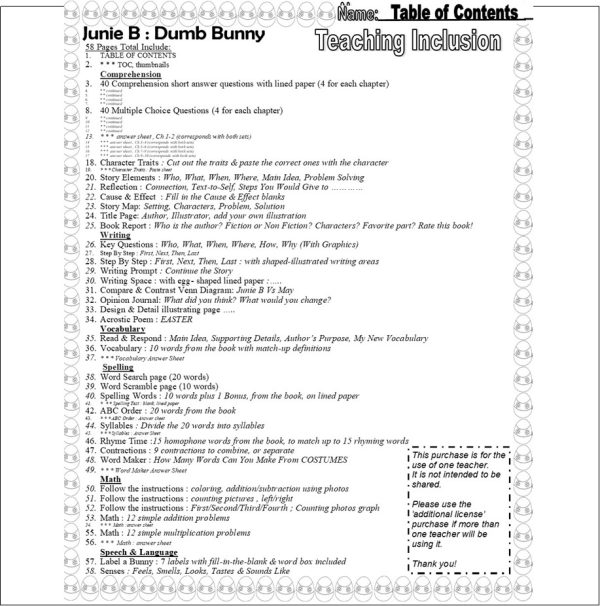 Junie B Jones Dumb Bunny Easter Chapter Book Companion Reading ...