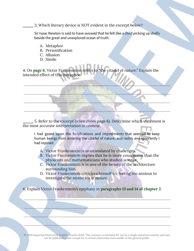 Frankenstein Chapters 1, 2, and 3 Close Reading Analysis Worksheet ...