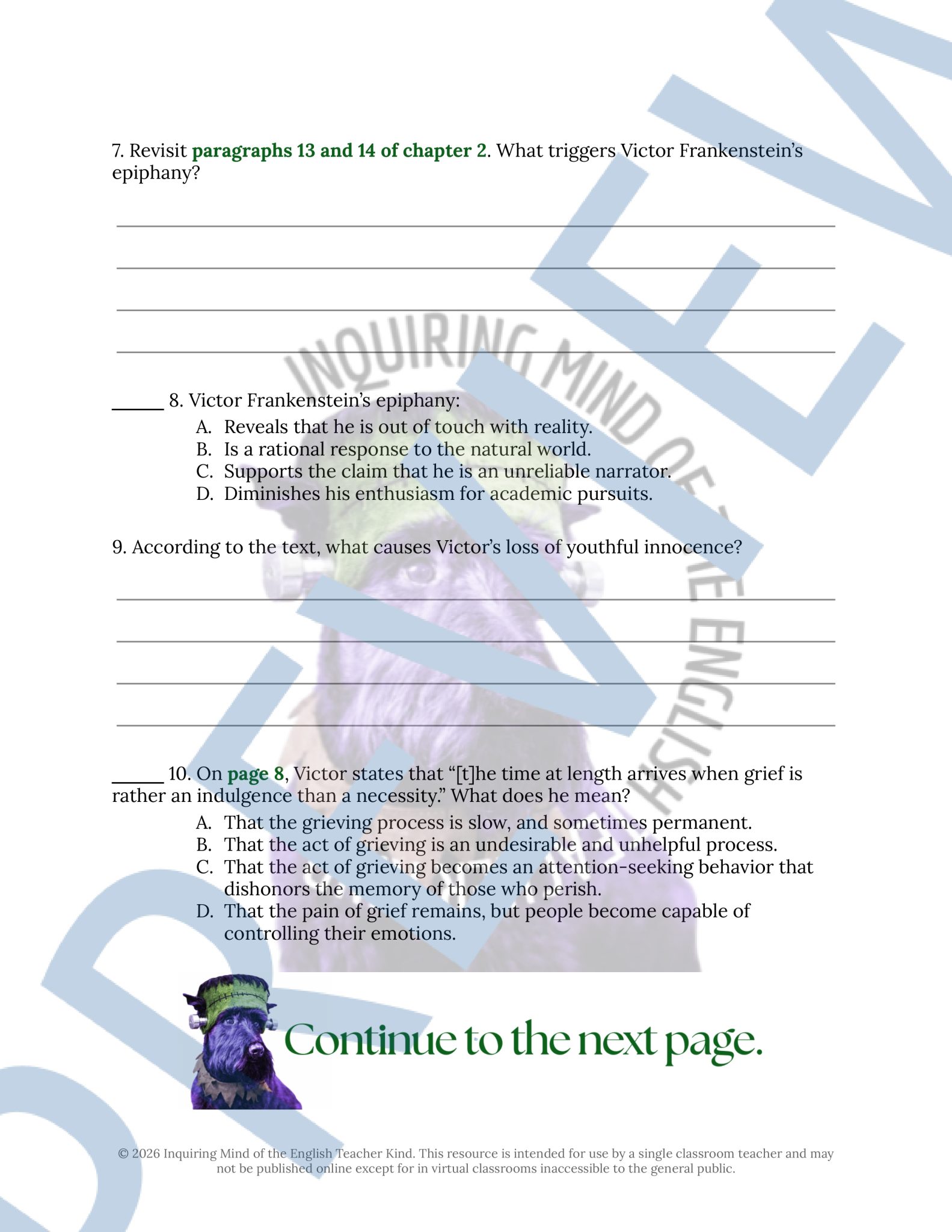 Frankenstein Chapters 1, 2, and 3 Close Reading Analysis Worksheet ...