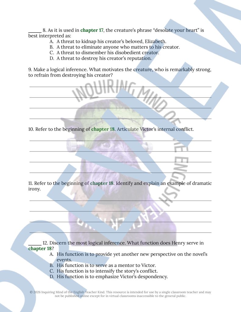 Frankenstein Chapters 16, 17, and 18 Close Reading Analysis Worksheet ...