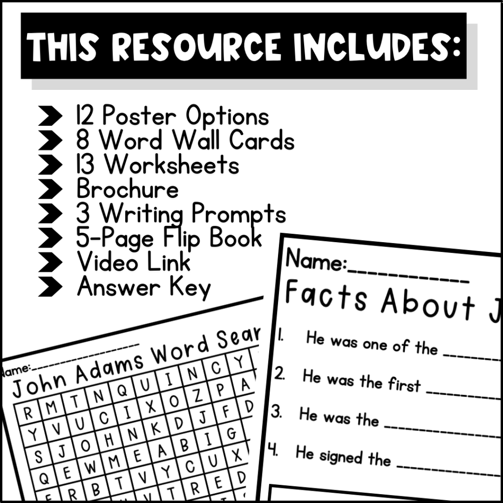John Adams Biography Activities, Worksheets, Report - Presidents' Day ...