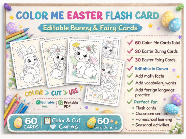Color and Cut Easter Flash Cards Printable – Editable Easter Bunny and ...