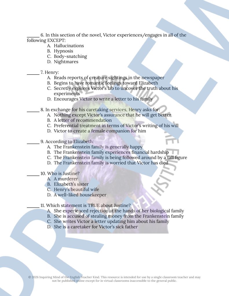 Frankenstein Chapters 4, 5, and 6 Quiz and Answer Key | Guided Reading ...