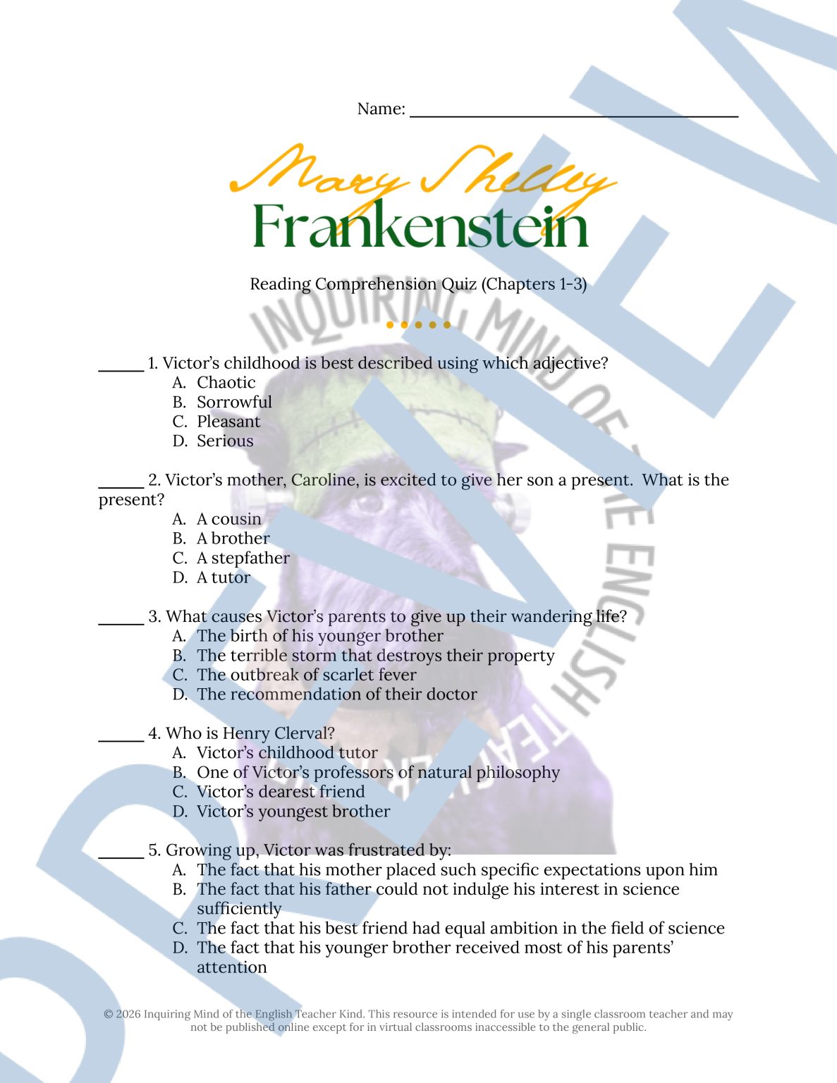 Frankenstein by Mary Shelley Quiz and Answer Key Bundle | Reading ...