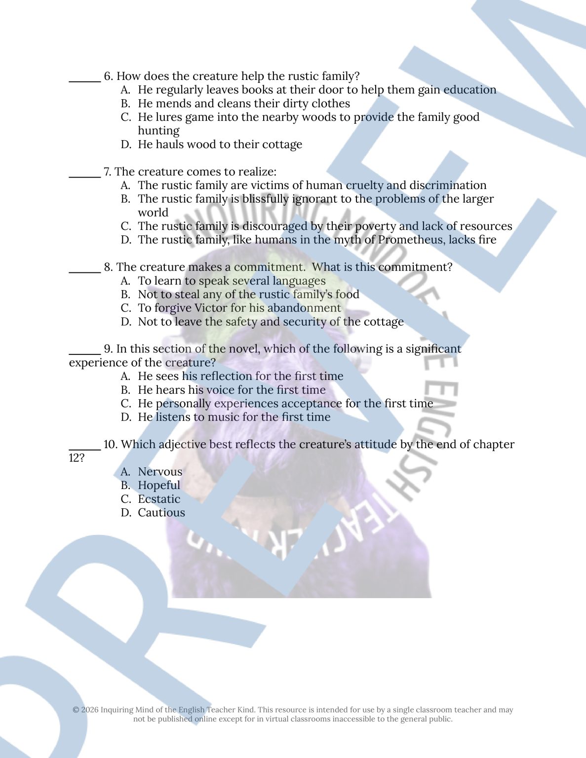 Frankenstein by Mary Shelley Quiz and Answer Key Bundle | Reading ...